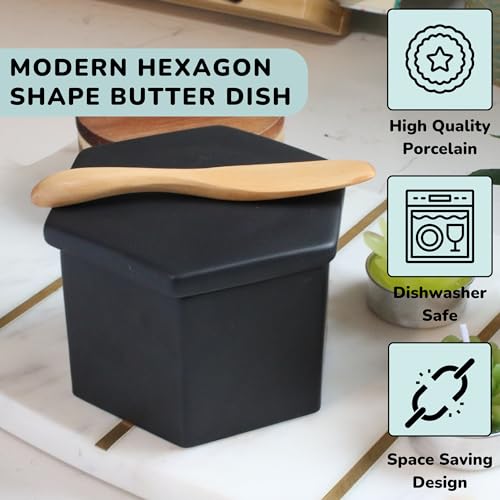 French Butter Crock w/ Lid & Wood Spreading Knife - Matte Black Butter Keeper - Modern Hexagon Shape Butter Keeper - Stoneware French Butter Keeper - Dishwasher, Oven & Microwave Safe Butter Storage