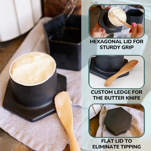 French Butter Crock w/ Lid & Wood Spreading Knife - Matte Black Butter Keeper - Modern Hexagon Shape Butter Keeper - Stoneware French Butter Keeper - Dishwasher, Oven & Microwave Safe Butter Storage