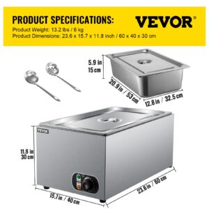 VEVOR Steam Table Warmer, 27 Qt Commercial, Full Size Countertop Food Warmer, Stainless Steel Electric, 1000W Buffet Food Warmer with Lid for Catering and Restaurant