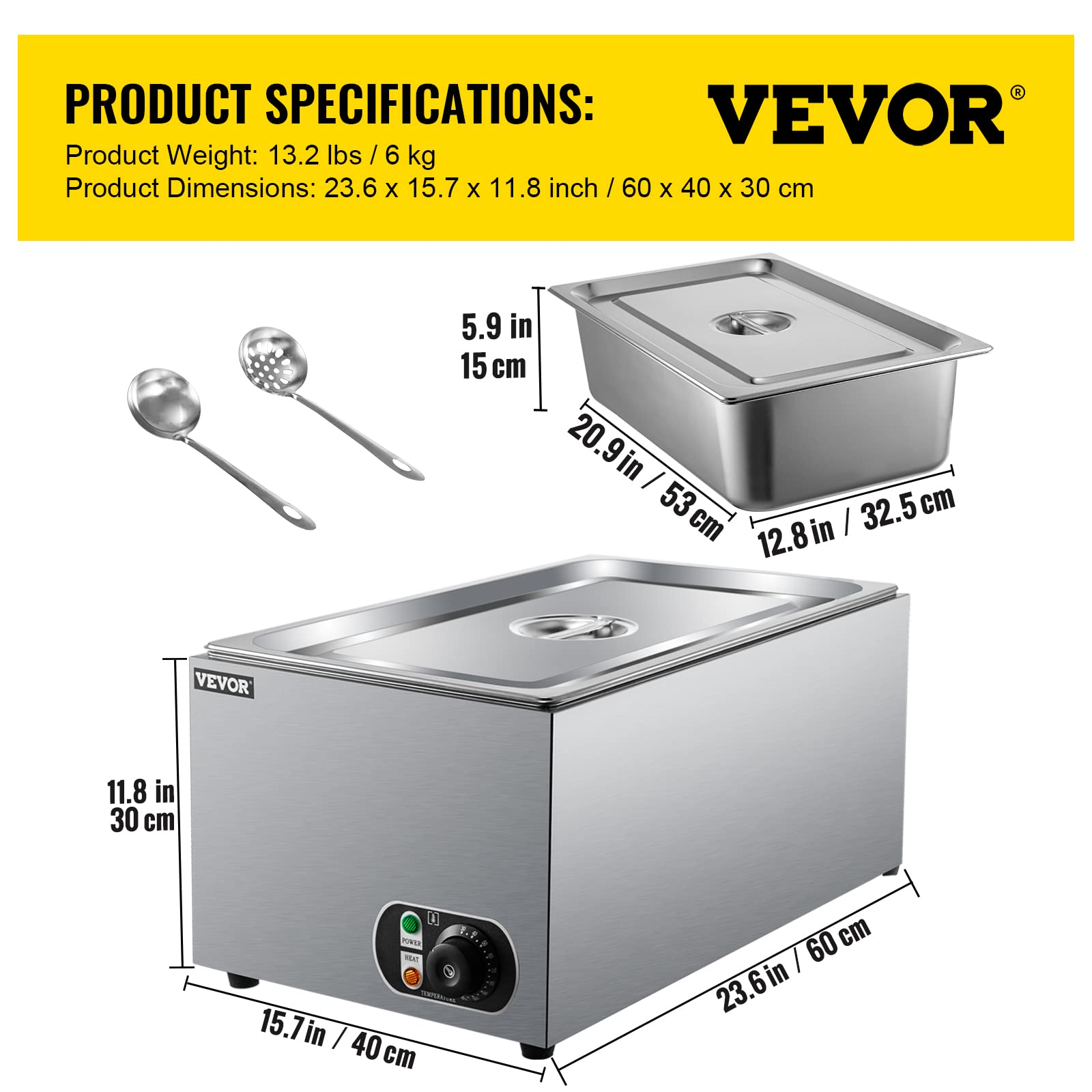 VEVOR Steam Table Warmer, 27 Qt Commercial, Full Size Countertop Food Warmer, Stainless Steel Electric, 1000W Buffet Food Warmer with Lid for Catering and Restaurant