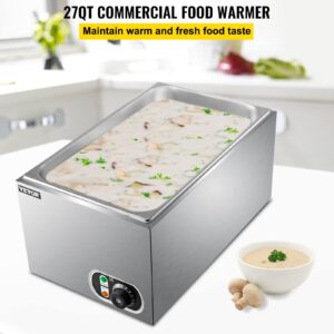 VEVOR Steam Table Warmer, 27 Qt Commercial, Full Size Countertop Food Warmer, Stainless Steel Electric, 1000W Buffet Food Warmer with Lid for Catering and Restaurant