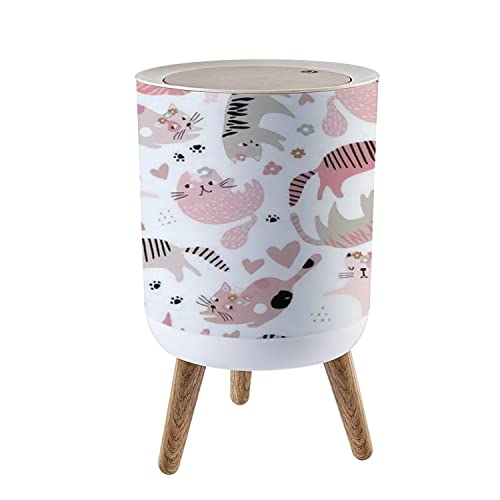 IBPNKFAZ89 Small Trash Can with Lid Seamless Childish Cute Girl Cats Creative Kids Hand Drawn Texture Garbage Bin Wood Waste Press Cover Round Wastebasket 7L/1.8 Gallon, 8.66x14.3inch