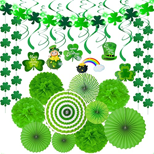 TURNMEON St Patricks Day Decorations for the Home, Shamrocks Garland Lucky Banner with String Lights Green Paper Fans, Leprechaun Hanging Swirls, St.Patrick's Day Party Decor Indoor Irish Supplies