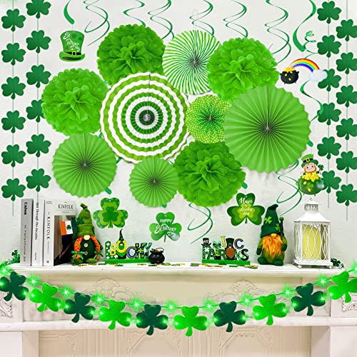 TURNMEON St Patricks Day Decorations for the Home, Shamrocks Garland Lucky Banner with String Lights Green Paper Fans, Leprechaun Hanging Swirls, St.Patrick's Day Party Decor Indoor Irish Supplies