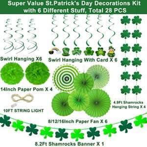 TURNMEON St Patricks Day Decorations for the Home, Shamrocks Garland Lucky Banner with String Lights Green Paper Fans, Leprechaun Hanging Swirls, St.Patrick's Day Party Decor Indoor Irish Supplies