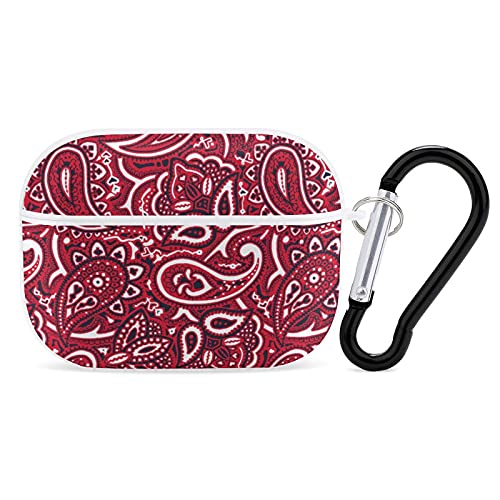 Unique Headphone Case Cover Compatible with Airpods Pro Wireless Charging Case, Smooth Headphone Case with Keychain, Led Visible, Paisley Bandana Red