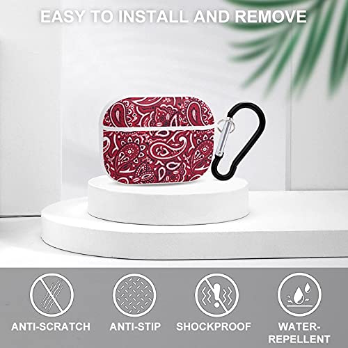 Unique Headphone Case Cover Compatible with Airpods Pro Wireless Charging Case, Smooth Headphone Case with Keychain, Led Visible, Paisley Bandana Red