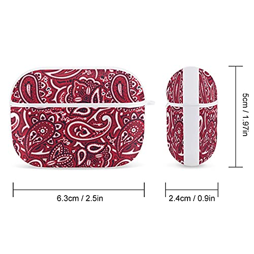 Unique Headphone Case Cover Compatible with Airpods Pro Wireless Charging Case, Smooth Headphone Case with Keychain, Led Visible, Paisley Bandana Red