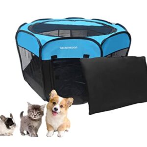 Tecageaon Portable Foldable Pet Playpen Exercise Pen Kennel Tent Carrying Case Indoor Outdoor Water-Resistant Removable Shade Cover for Puppies Kittens Cats Small Dogs (Blue)