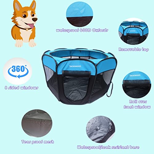 Tecageaon Portable Foldable Pet Playpen Exercise Pen Kennel Tent Carrying Case Indoor Outdoor Water-Resistant Removable Shade Cover for Puppies Kittens Cats Small Dogs (Blue)