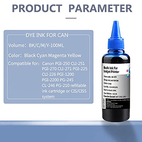 Primer Ink Ink Refill kit 4x100ml for Canon 250 251 270 271 280 281 1200 2200 PG240 CL241 PG245 CL246 PG210 Refillable Ink Cartridge CIS CISS System with 4 Free Syringes (BK, C, M, Y)