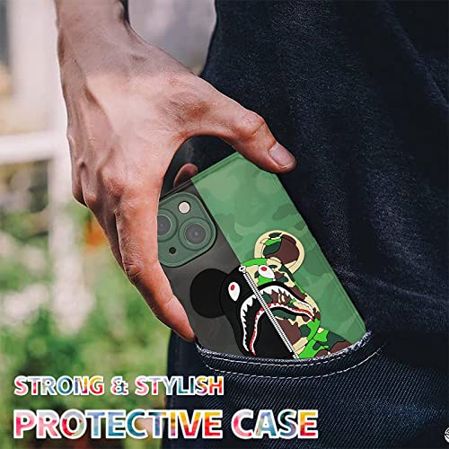 LANJINDENG iPhone 13 Case Camo Shark Bear Design for Men Boys, Cool ArmyGreen 3D Cartoon Pattern Street Fashion Shockproof Anti-Scratch Silicone Full Body Protection Case for iPhone 13