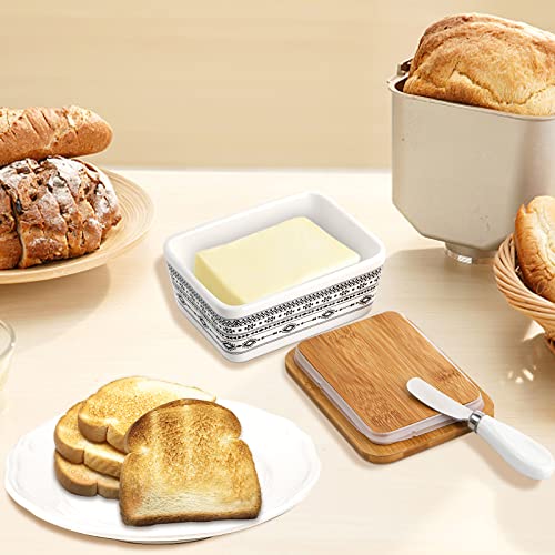 YOUEON 17 Oz Butter Dish with Lid for Countertop, Airtight Butter Keeper Holds Up to 2 Standard Butter Sticks, Porcelain Butter Holder with Knife & Silicone Ring, Hand Painted Pattern