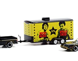 1981 Chevy C-10 Custom Pickup Black & 1979 Pontiac Firebird T/A Black Rocky's & Enclosed Car Hauler Rocky II Movie 1/64 Models by Greenlight 31120 A