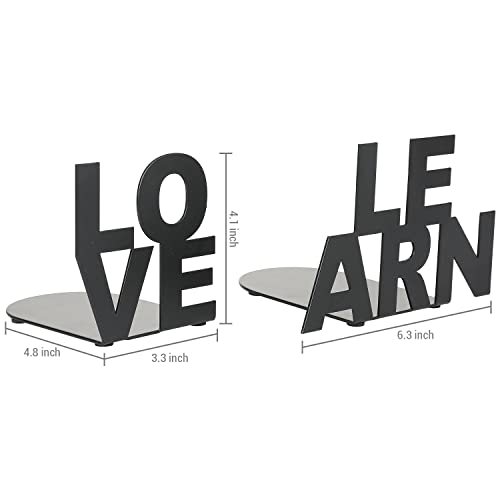 MyGift Modern Matte Black Metal Office Desk Decorative Bookends with Stencil Cut Out Love and Learn Block Letter Design and Non-Slip Pads