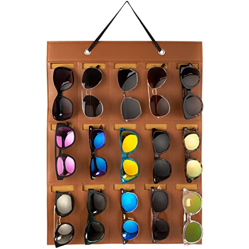 Sunnies Spot! Leather Hanging Glasses Sunglass Wall Holder Organizer With 15 Storage Slots (Brown)