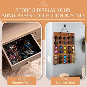 Sunnies Spot! Leather Hanging Glasses Sunglass Wall Holder Organizer With 15 Storage Slots (Brown)