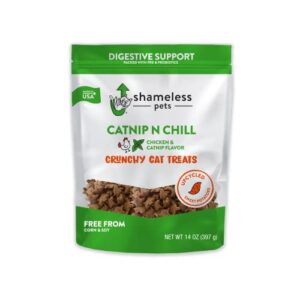 shameless pets catnip treats - crunchy cat calming treats with digestive support, sustainable upcycled natural ingredients & real chicken, low calorie healthy feline food - catnip n chill, 14oz