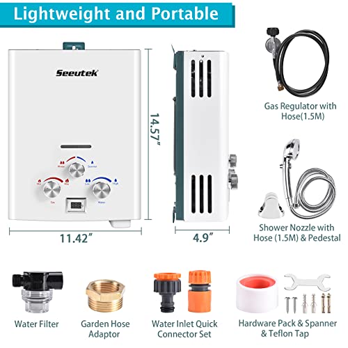 Seeutek Portable Water Heater 1.6GPM/6L, Outdoor Propane Gas Tankless Water Heater, On Demand Water Heater for RV Camping, Instant Hot Water for Shower Overheating Protection White