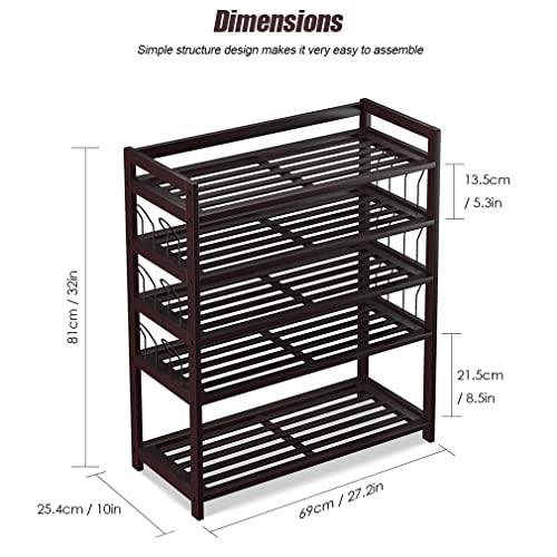 Bamboo Shoe Rack,Sundries rack Kitchen shelf 5 Tier Wooden Shoe Shelf Storage Organizer With Additional hangers,Perfect for Entryway,Hallway,Bathroom Closet or Living Room (Brown)