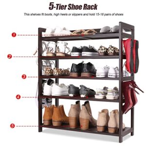 Bamboo Shoe Rack,Sundries rack Kitchen shelf 5 Tier Wooden Shoe Shelf Storage Organizer With Additional hangers,Perfect for Entryway,Hallway,Bathroom Closet or Living Room (Brown)