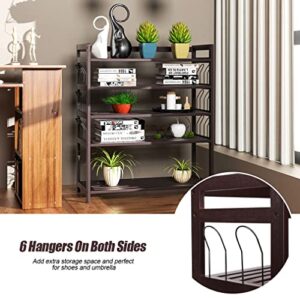 Bamboo Shoe Rack,Sundries rack Kitchen shelf 5 Tier Wooden Shoe Shelf Storage Organizer With Additional hangers,Perfect for Entryway,Hallway,Bathroom Closet or Living Room (Brown)