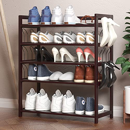 Bamboo Shoe Rack,Sundries rack Kitchen shelf 5 Tier Wooden Shoe Shelf Storage Organizer With Additional hangers,Perfect for Entryway,Hallway,Bathroom Closet or Living Room (Brown)