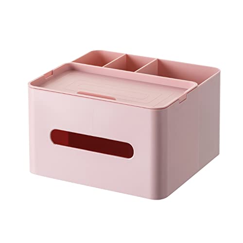 HornTide 5-in-1 Tissue Box 7.8inch Multifunction Countertop Organizer 3x Compartments 1x Tray Boutique Stationery Storage Caddy HIPS Plastic (Pink)