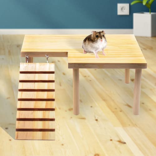 kathson Hamster Wooden Platform with Ladder Natural Small Animal Standing Platform Guinea Pig Cage Landscaping Platform for Small Animals Syrian Rat Golden Bear Chinchilla