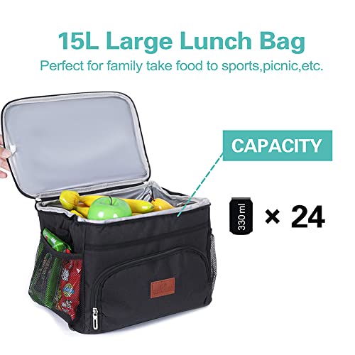 Large Cooler Bag Insulated Lunch Bag Reusable Soft Cooling Tote Bag for Men & Women with 24-Can (15L)(Black)