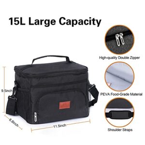 Large Cooler Bag Insulated Lunch Bag Reusable Soft Cooling Tote Bag for Men & Women with 24-Can (15L)(Black)