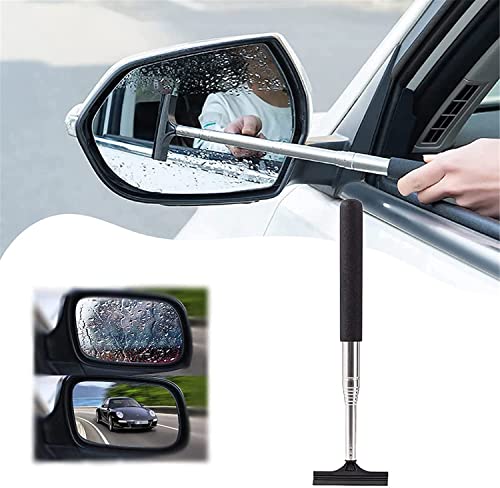 Portable Retractable Rear-View Mirror Wiper, Length Up to 98cm, Car Snow Scraper and Brush Shovel, Waterproof Anti-Fog Glass Mirror Cleaning Supplies (Black)