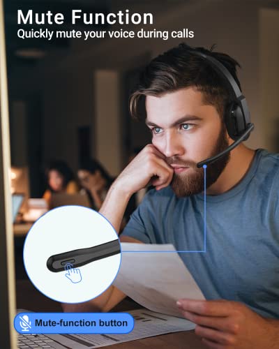 Bluetooth Headset with Microphone, HUAKUA AI Noise Cancelling Wireless Headset with Mute Button 50 Hrs Talk Time, on-Ear Headphones Trucker Headset for Computer PC Tablet Cell Phones Office Home Black