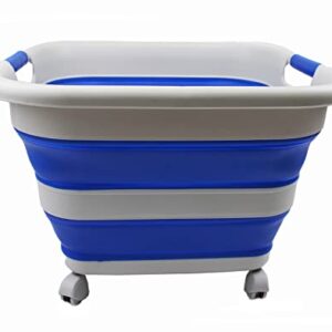 SAMMART 39L (10.3 Gallons) Collapsible Plastic Laundry Basket with Wheels-Foldable Pop Up Storage Container (1, Grey/Purplish Blue)