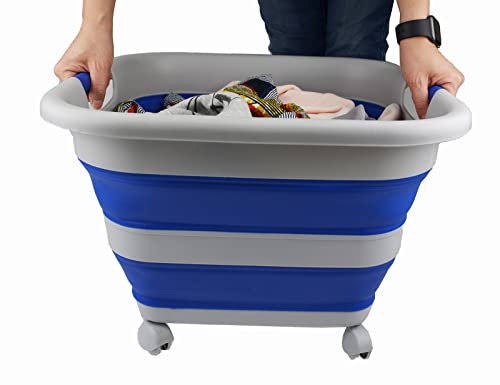 SAMMART 39L (10.3 Gallons) Collapsible Plastic Laundry Basket with Wheels-Foldable Pop Up Storage Container (1, Grey/Purplish Blue)