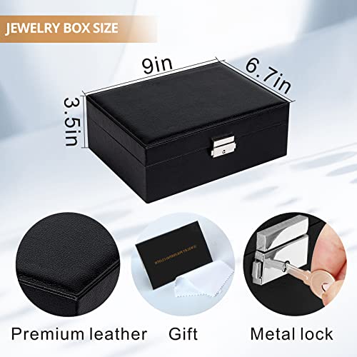 Sanikeon Jewelry Boxes for Women Girls 2 Layers leather Jewelry Organizer Case with Lock Storage Box Removable Tray for Necklace Earring Ring with Polishing Cloth and Jewelry Bags