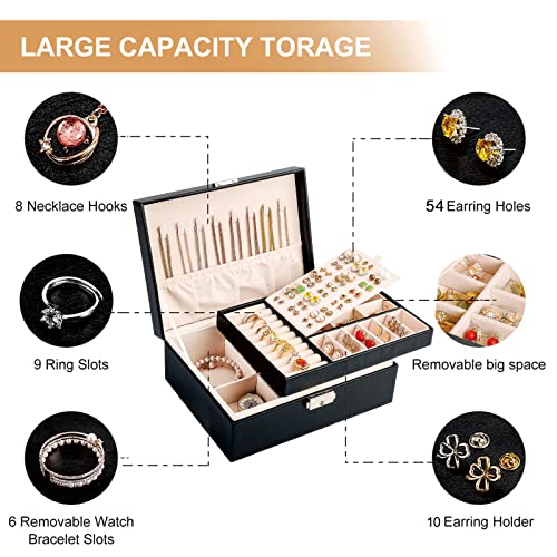 Sanikeon Jewelry Boxes for Women Girls 2 Layers leather Jewelry Organizer Case with Lock Storage Box Removable Tray for Necklace Earring Ring with Polishing Cloth and Jewelry Bags