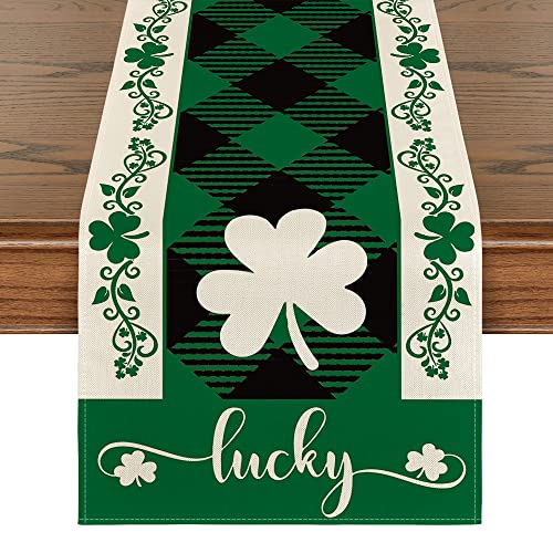 Artoid Mode Black Green Buffalo Plaid Lucky Shamrock St. Patrick's Day Table Runner, Seasonal Spring Holiday Kitchen Dining Table Decoration for Indoor Outdoor Home Party Decor 13 x 72 Inch