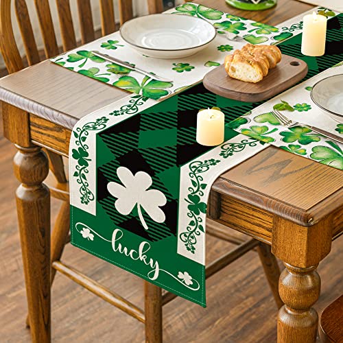 Artoid Mode Black Green Buffalo Plaid Lucky Shamrock St. Patrick's Day Table Runner, Seasonal Spring Holiday Kitchen Dining Table Decoration for Indoor Outdoor Home Party Decor 13 x 72 Inch