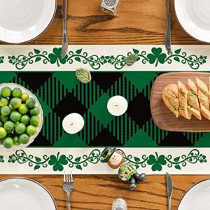 Artoid Mode Black Green Buffalo Plaid Lucky Shamrock St. Patrick's Day Table Runner, Seasonal Spring Holiday Kitchen Dining Table Decoration for Indoor Outdoor Home Party Decor 13 x 72 Inch