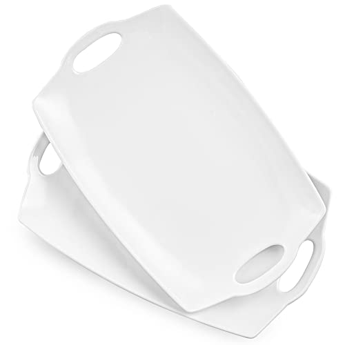 Serving Tray with Handles Large Rectangle Serving Platter for Entertainment, Party, Display, 16 inch Porcelain Platters, Set of 2, White