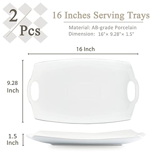 Serving Tray with Handles Large Rectangle Serving Platter for Entertainment, Party, Display, 16 inch Porcelain Platters, Set of 2, White