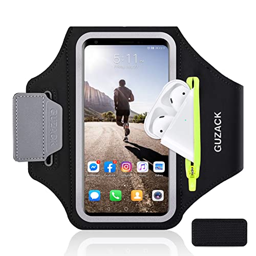 GUZACK Running Armband for iPhone 15 14 13 12 11 Pro Max/14 Plus/XR/XS/X, Galaxy S23/S22/S21, with Airpods Pouch Card Slot & Key Pockets, Sports Arm Bands Cell Phone Holder Fit Up to 6.9 Inches Phone