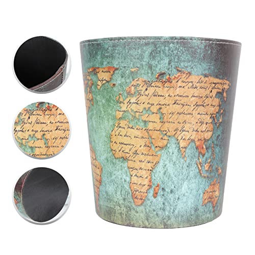 Cabilock Office Decor Retro Waste Bucket Leather Trash Can Paper Wastebasket: Waste Paper Bin European British Style Garbage Can Uncovered Waste Bin World Map Pattern Waste Paper Basket Car Decor