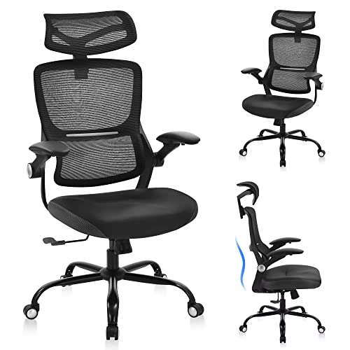 Office Chair Ergonomic Desk Chair - Leather Cushion Mesh High Back with Lumbar Support Computer Chair, Adjustable Flip Up Arms, Home Office Desk Chair