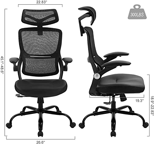 Office Chair Ergonomic Desk Chair - Leather Cushion Mesh High Back with Lumbar Support Computer Chair, Adjustable Flip Up Arms, Home Office Desk Chair