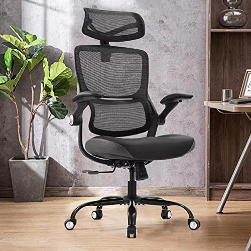 Office Chair Ergonomic Desk Chair - Leather Cushion Mesh High Back with Lumbar Support Computer Chair, Adjustable Flip Up Arms, Home Office Desk Chair