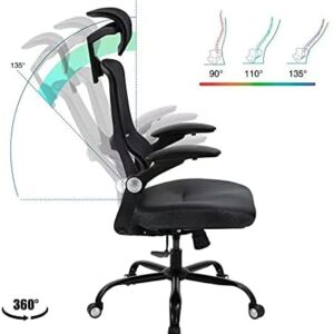 Office Chair Ergonomic Desk Chair - Leather Cushion Mesh High Back with Lumbar Support Computer Chair, Adjustable Flip Up Arms, Home Office Desk Chair