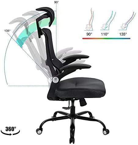 Office Chair Ergonomic Desk Chair - Leather Cushion Mesh High Back with Lumbar Support Computer Chair, Adjustable Flip Up Arms, Home Office Desk Chair