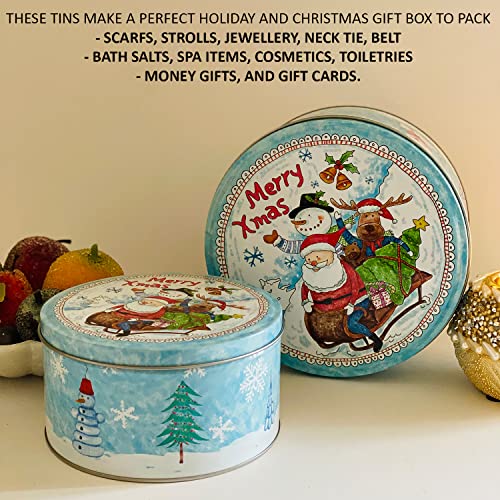 HADAAYA Round Merry Xmas Christmas Decorative Holiday Gifting tins, Set of 2. watercolor painted look with Santa, Snowman & Reindeer moose with Xmas tree